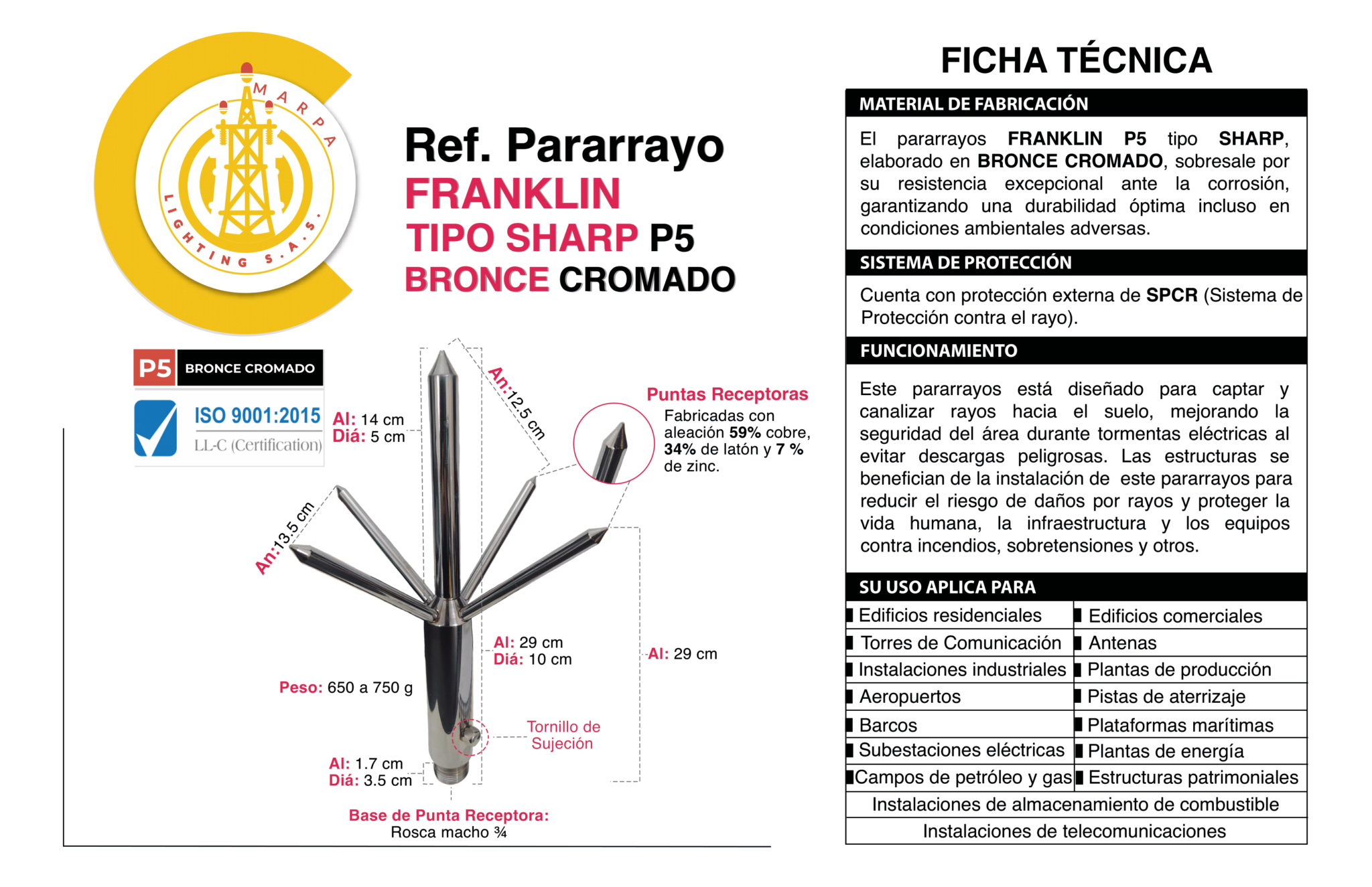 Pararrayo Franklin Tipo Sharp 5 Puntas MARPA LIGHTING S.A.S
